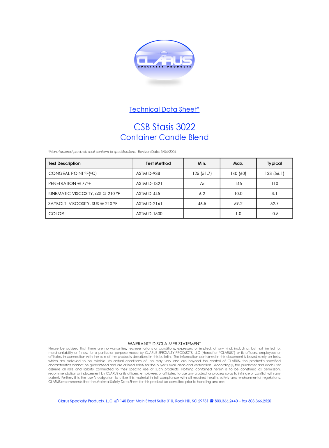 Specs & Samples | Clarus Speciality Products
